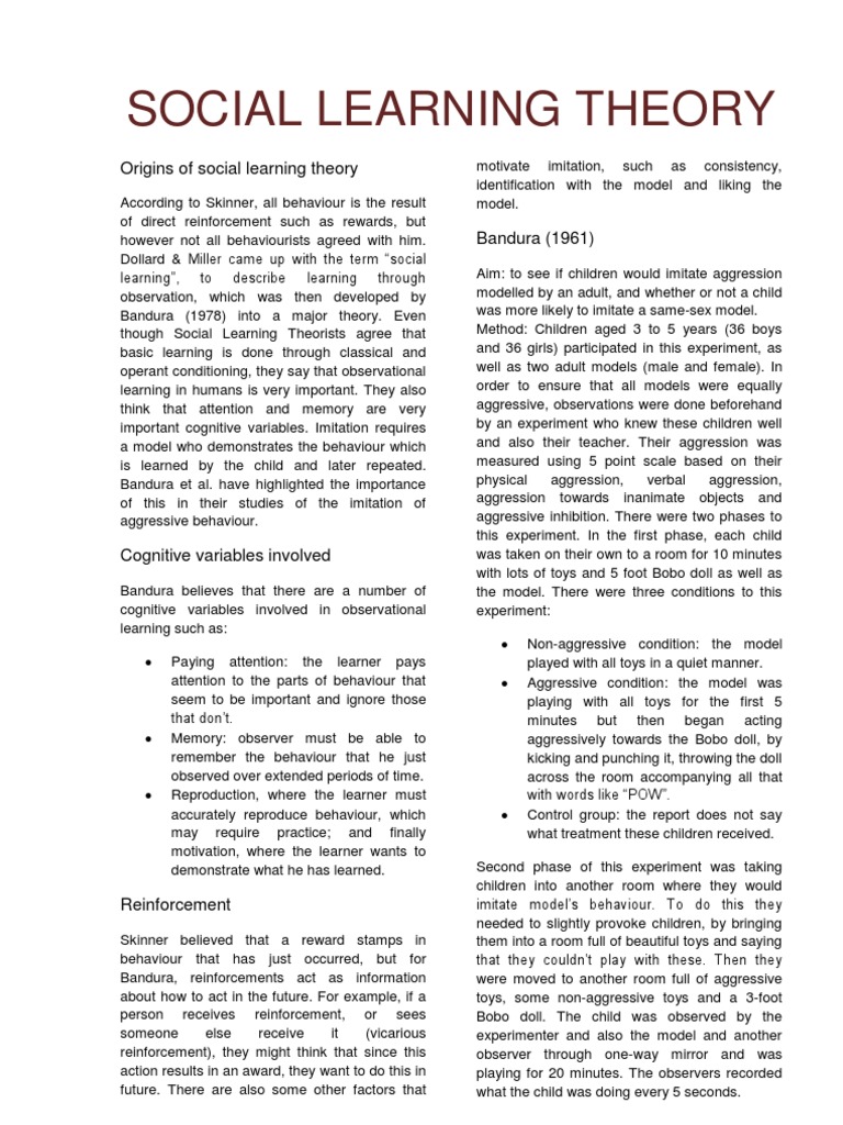 Social Learning Theory | PDF | Imitation | Aggression