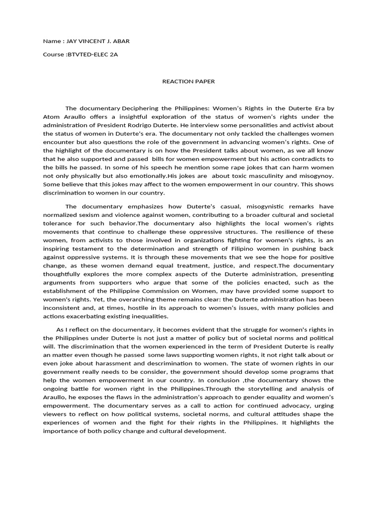 Reaction Paper Abar WPS Office | PDF | Gender Studies | Discrimination ...