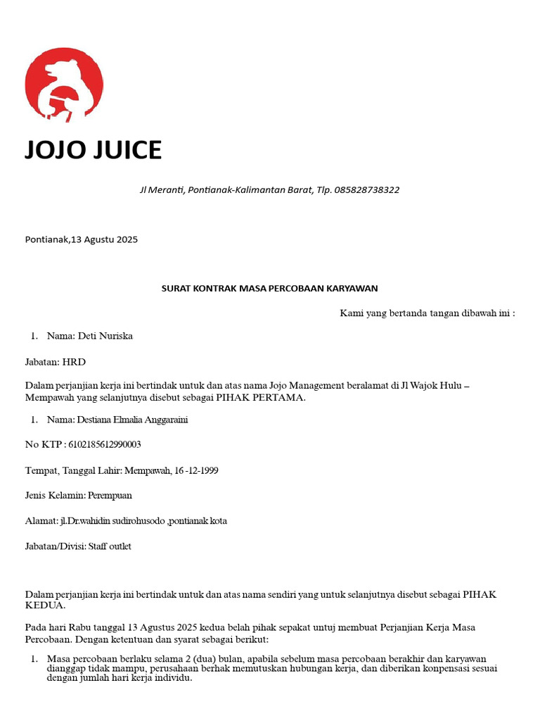 Surat Probation Staff Outlet Jojo - Docx - 20250813 - 095454 - 0000 | PDF