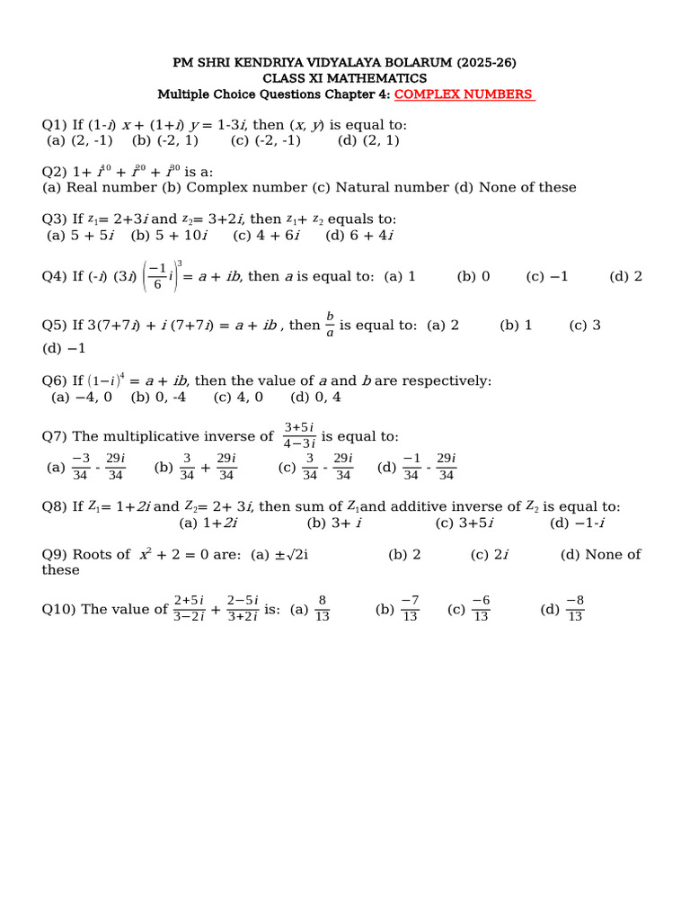 XI MCQ Ch4 Complex Numbers & QE | PDF