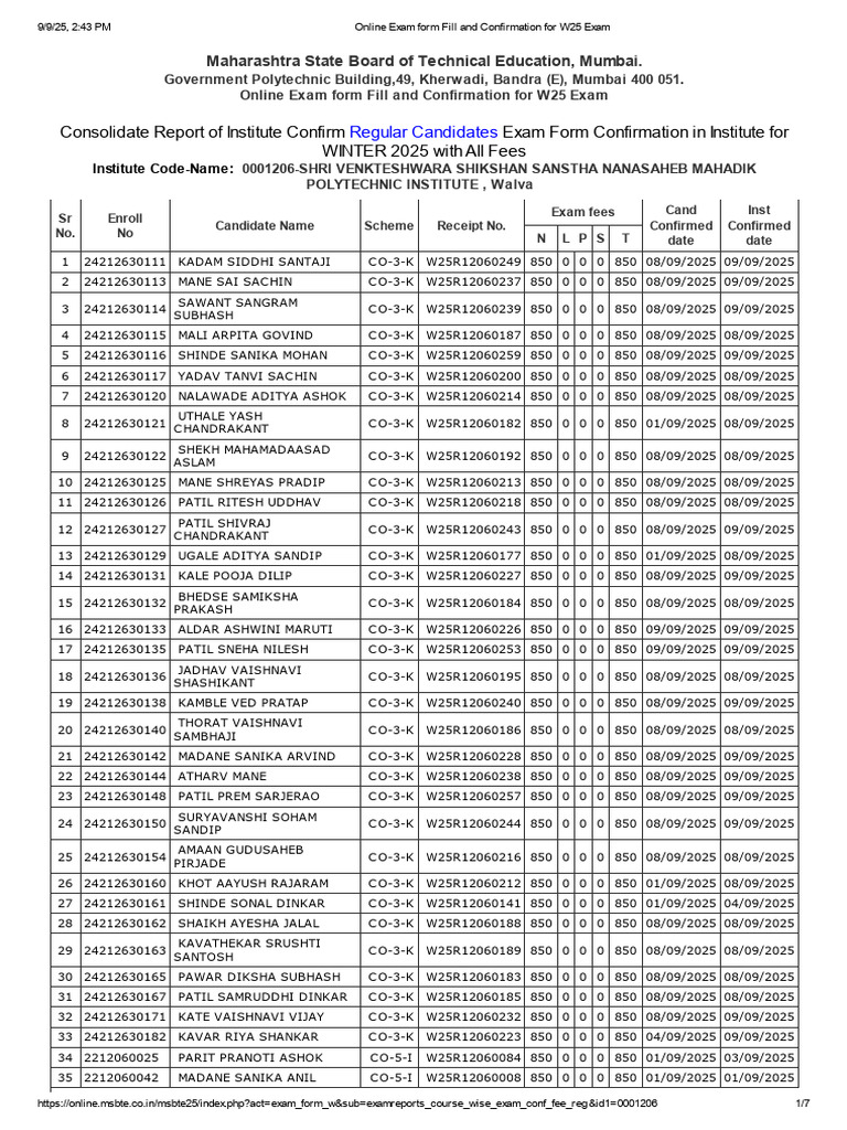 Regular Sem. Exam Form List 09-09-2025 | PDF
