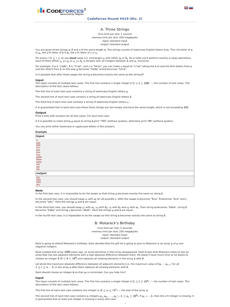 (1301) Codeforces Round #619 (Div. 2) | PDF | String (Computer Science) | Function (Mathematics)