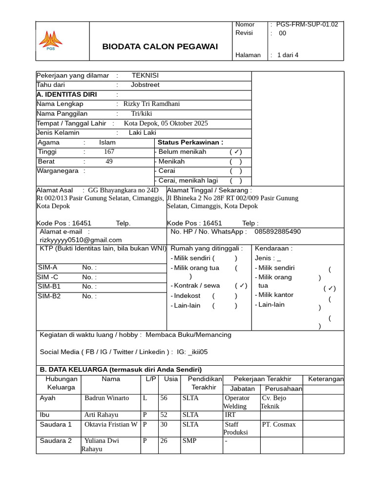 Application Form PT PGS | PDF