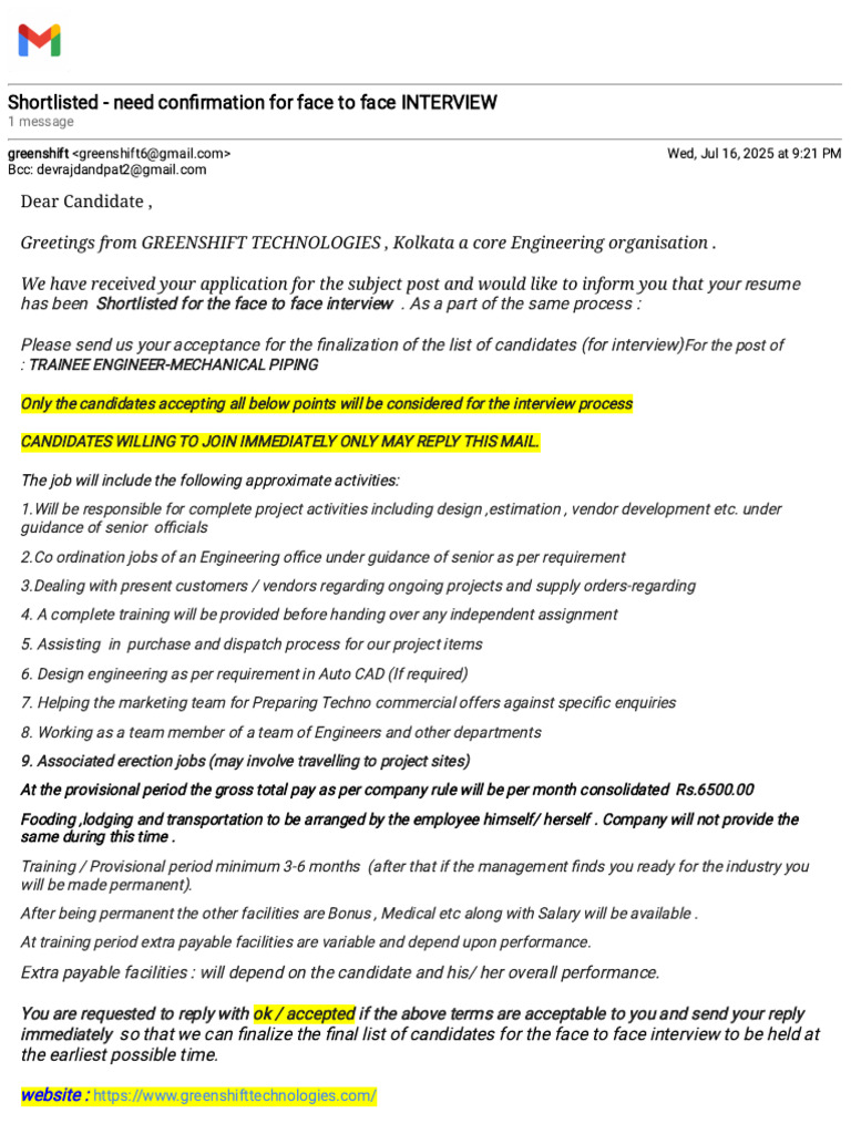 Gmail - Shortlisted - Need Confirmation For Face To Face INTERVIEW ...