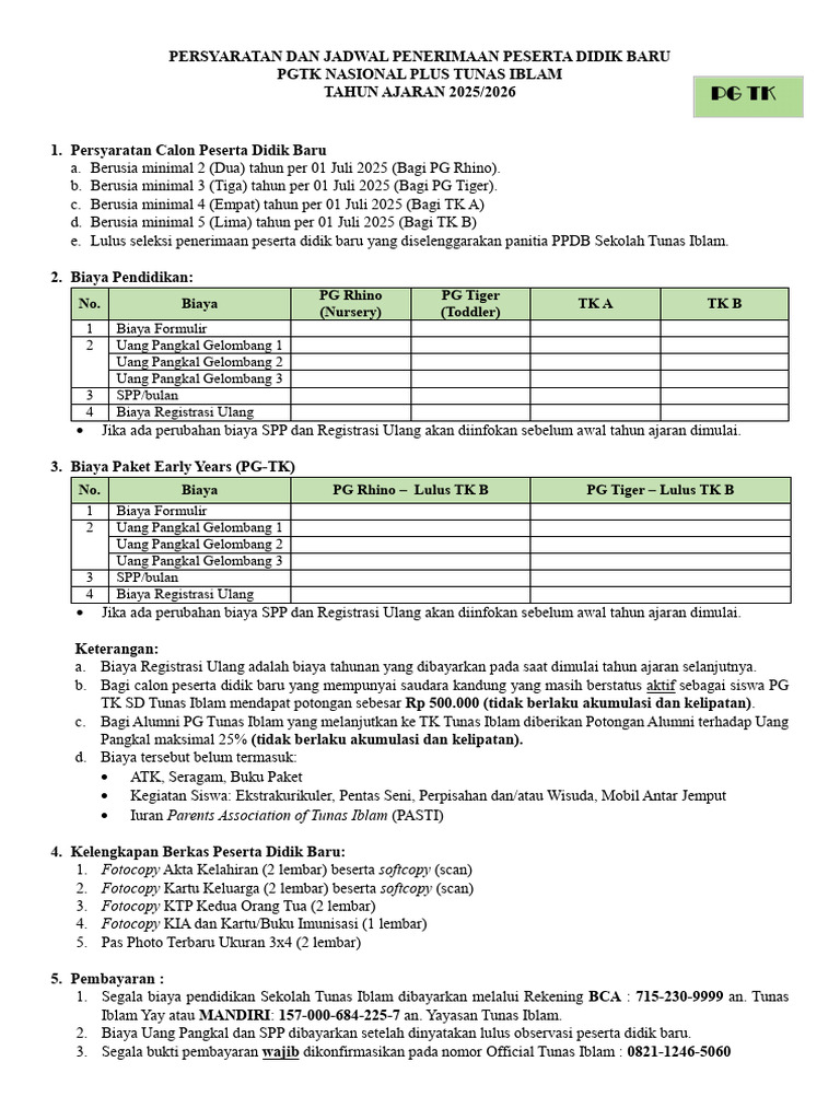 Biaya dan Jadwal Pendaftaran Tunas Iblam | PDF