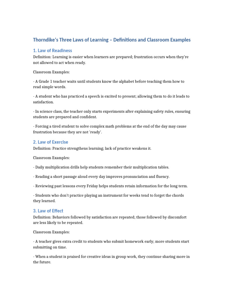 Thorndike's Laws of Learning Explained | PDF
