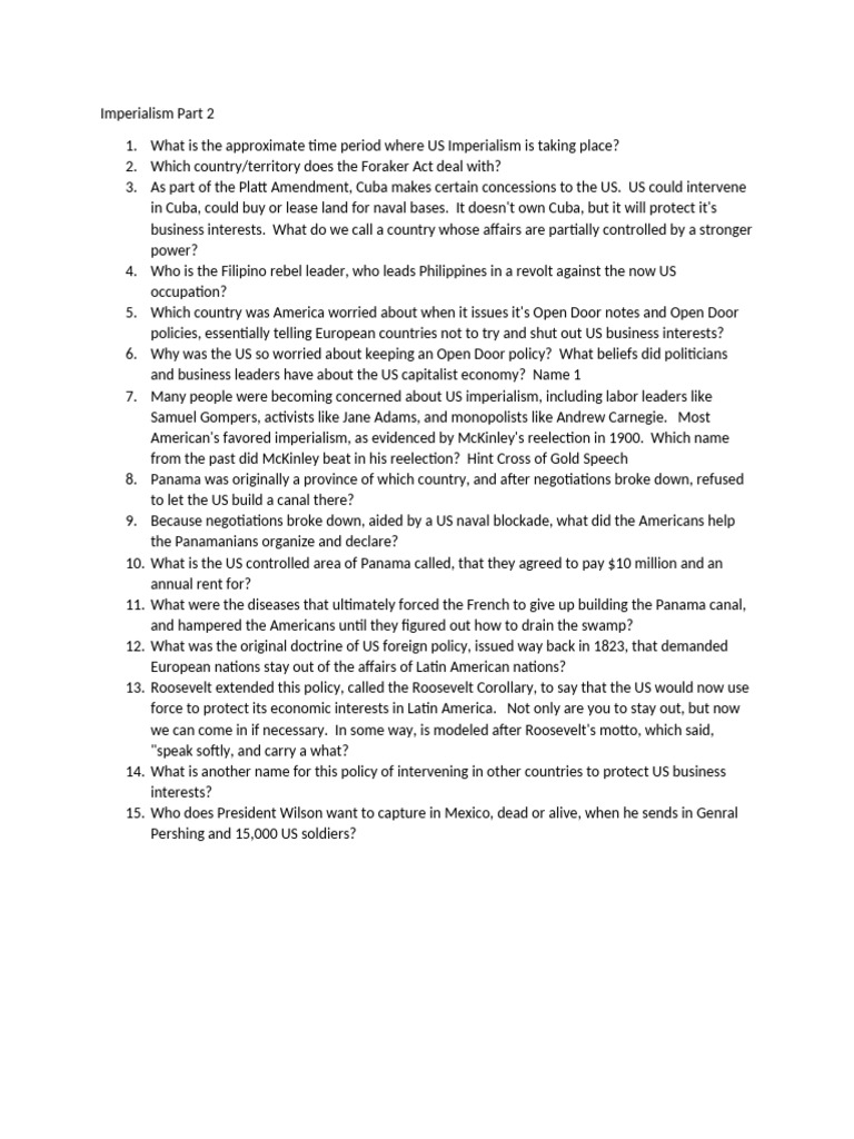 Imperialism Quiz Part 2 MScar | PDF | Theodore Roosevelt | William Mc ...