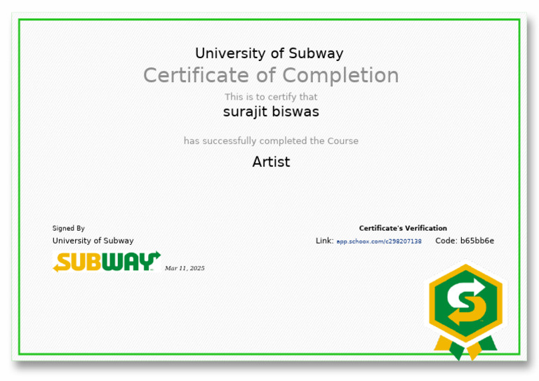 Subway Artist Course Completion Certificate | PDF