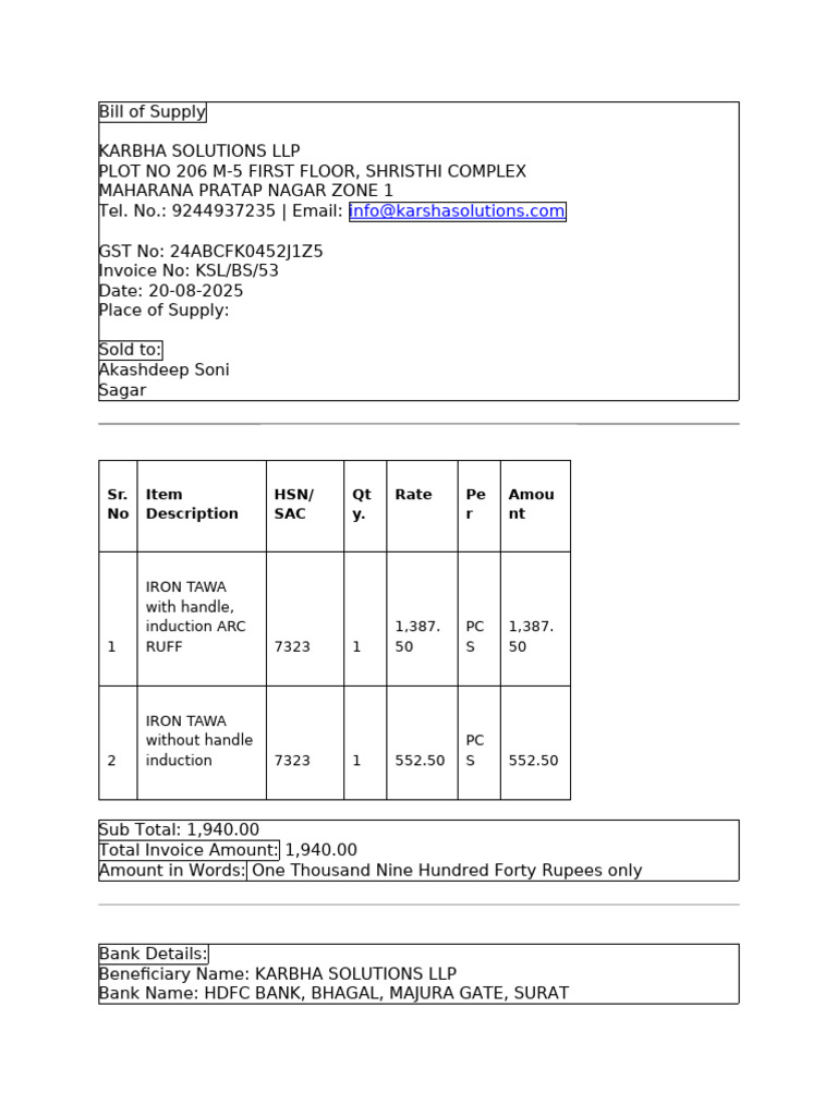 Bill of Supply for Iron Tawas | PDF