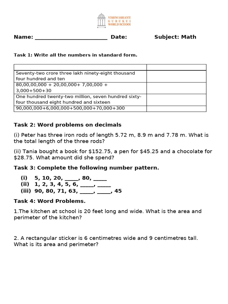 Math Tasks: Numbers, Decimals, Patterns | PDF | Area | Measurement