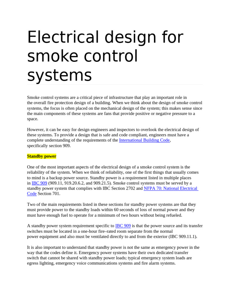 Smoke Control System Electrical Design | PDF | Electrical Wiring | Elevator