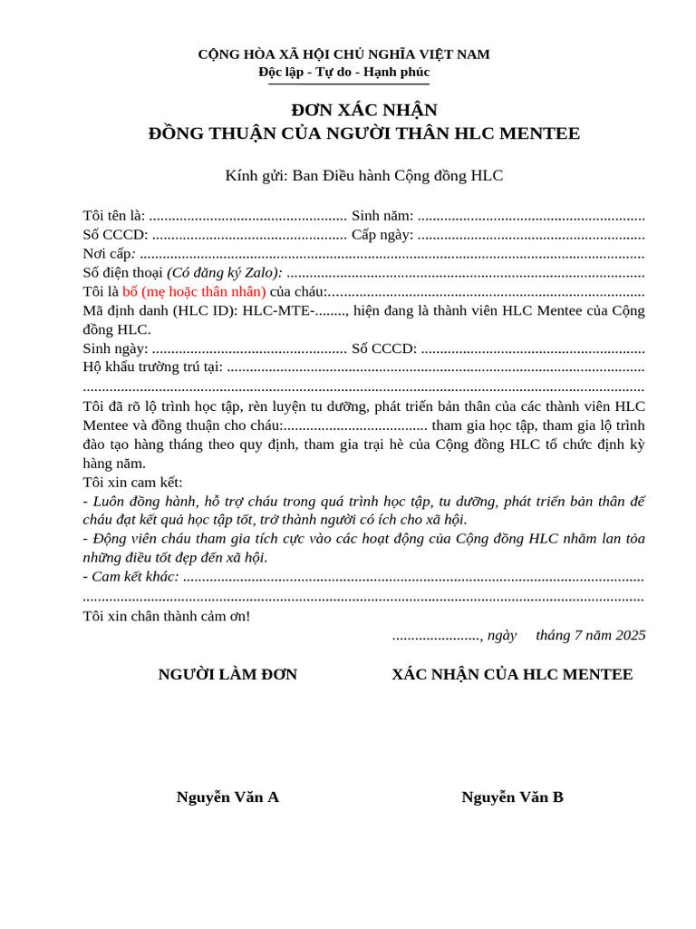 Biểu Mẫu 01 - Đơn Xác Nhận Đồng Thuận Tham Gia Cộng Đồng HLC | PDF
