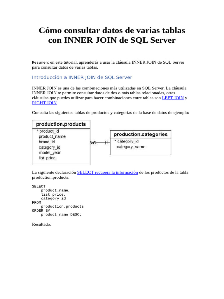 Cómo Consultar Datos de Varias Tablas Con INNER JOIN de SQL Server | PDF | Servidor SQL de ...