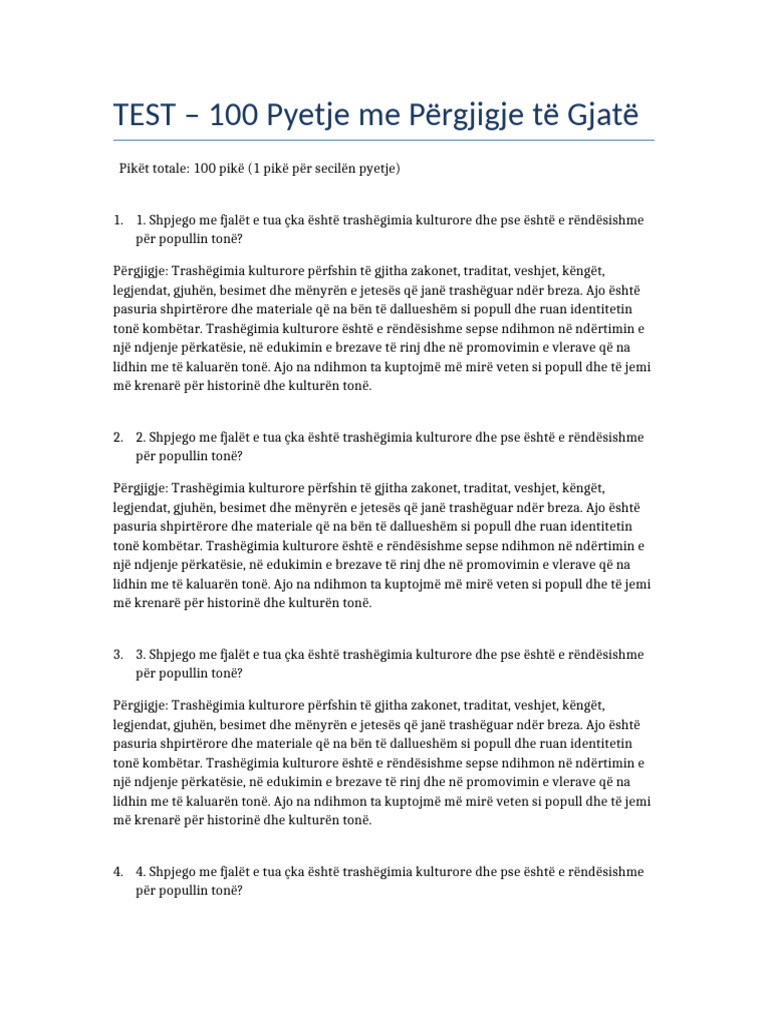 Test 100 Pyetje Me Pergjigje Te Gjata | PDF