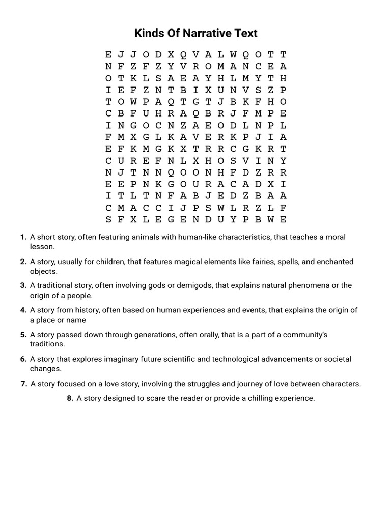 Kinds of Narrative Text - Word Search Labs | PDF