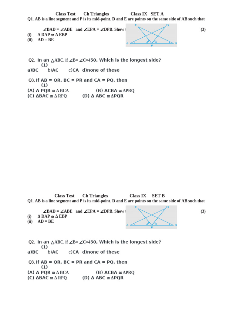 Class IX Triangle Test Questions | PDF | Euclidean Geometry | Classical ...