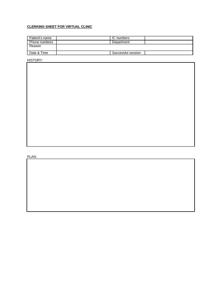 Clerking Sheet For Virtual Clinic | PDF