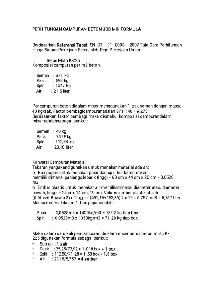 Perhitungan Campuran Beton Job Mix Formula I | PDF