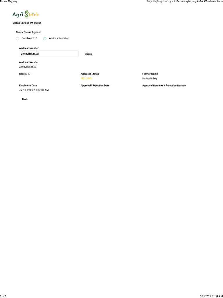 UP Farmer Registry Enrollment Status | PDF