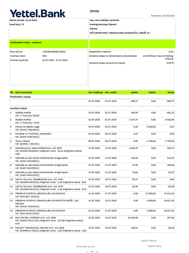 Izvod Banke | PDF