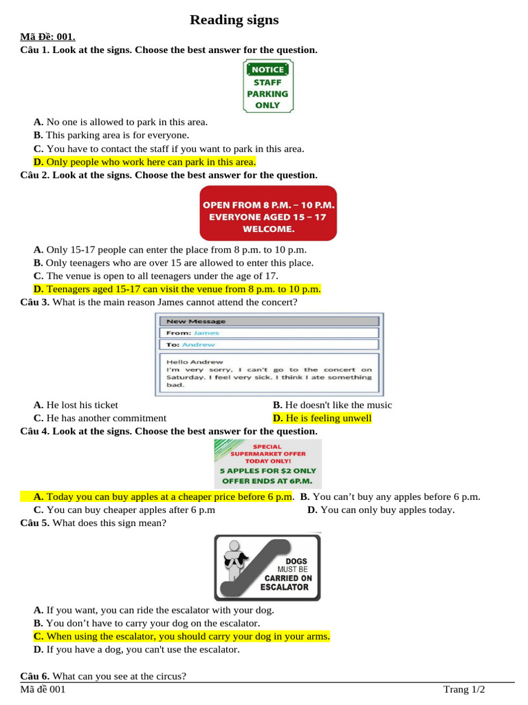 001 A2 Reading Signs KEY | PDF
