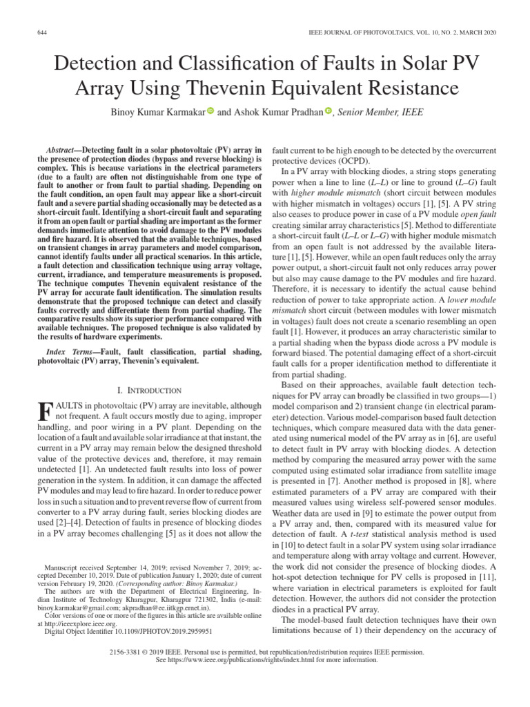 Detection and Classification of Faults in Solar PV Array Using Thevenin Equivalent Resistance ...