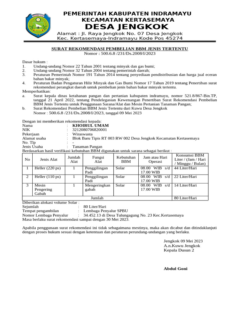 Rekom BBM Grabakan Samani1 | PDF
