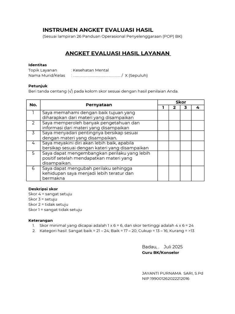4. Instrumen Angket Evaluasi Hasil - Mental Health | PDF