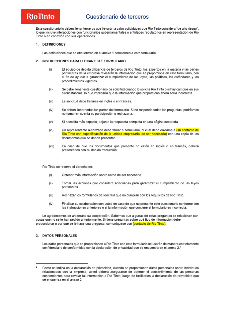 Rio Tinto Third Party Questionnaire 2021 ES | PDF | Privacidad | Corrupción política