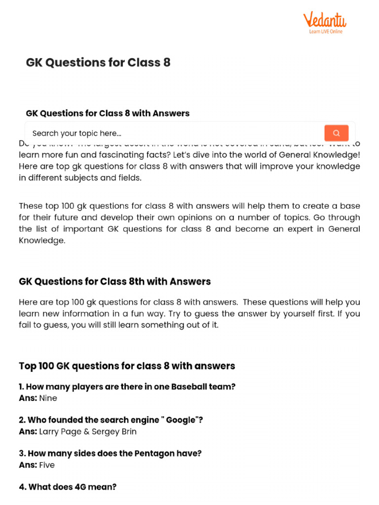 GK Questions For Class 8 | PDF