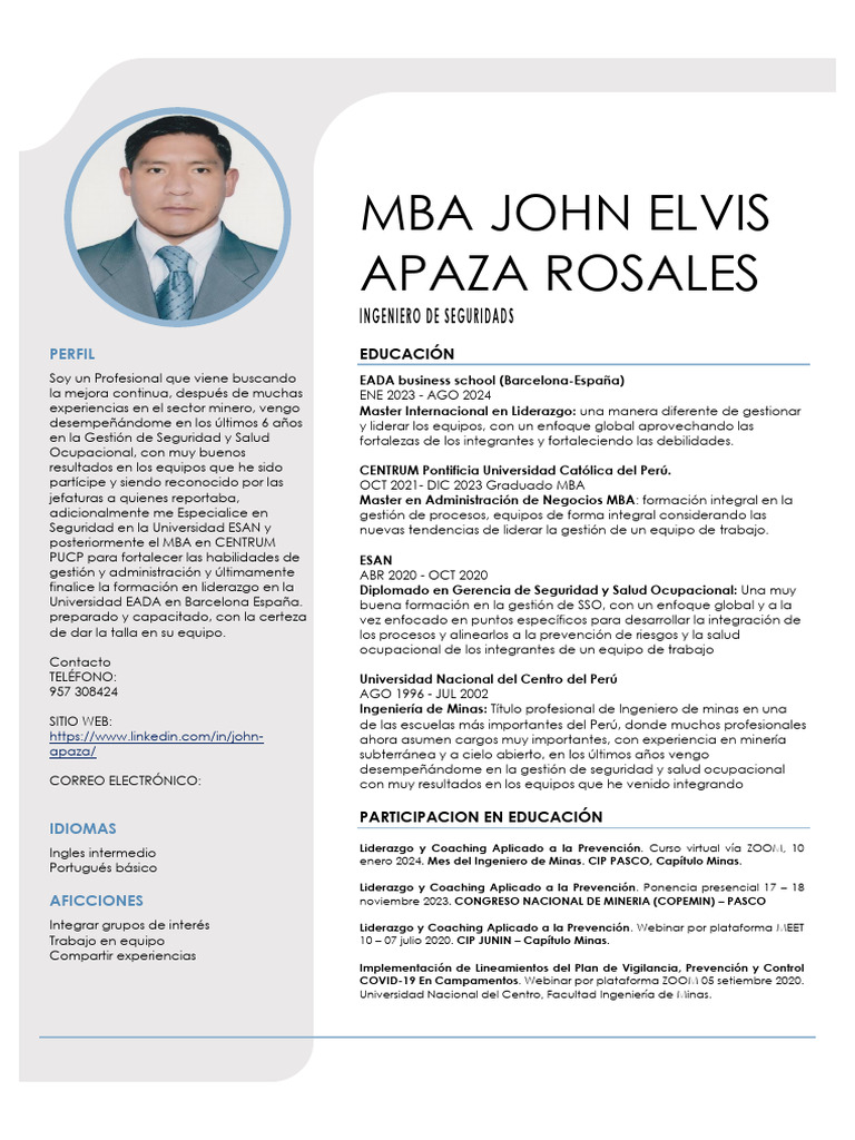 CV John Elvis Apaza Rosales | PDF | Minería | Máster en Administración ...