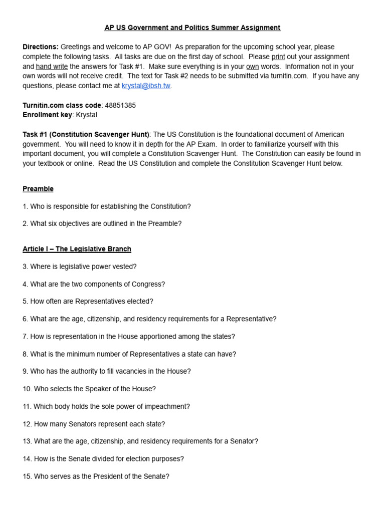 AP US Government and Politics Summer Assignment 2025! - Benjamin ...