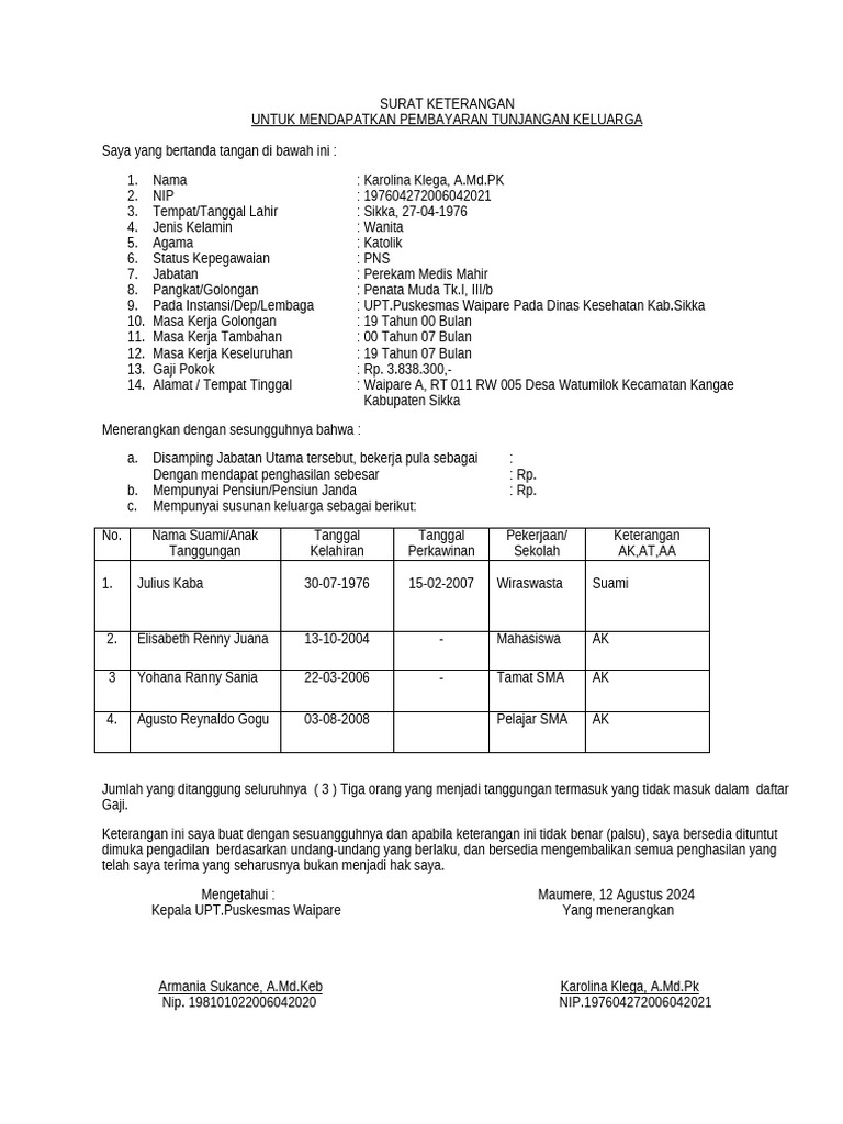 CONTOH DK TUNJANGAN KELUARGA | PDF