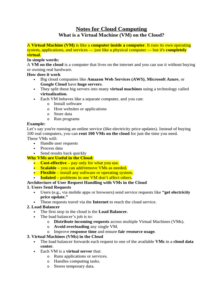 Notes For Cloud Computing | PDF | Virtual Machine | Cloud Computing