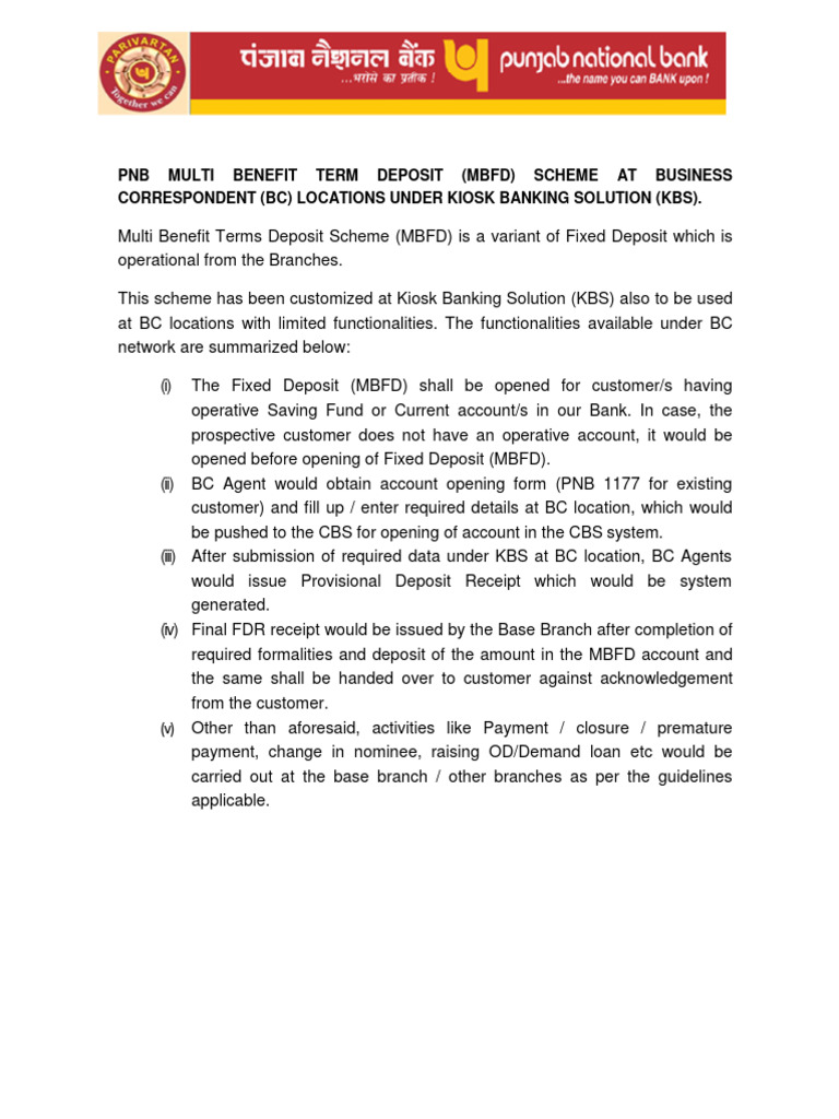 PNB Multi Benefit Term Deposit Overview | PDF