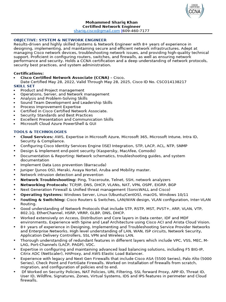 Shariq Khan - Network Engineer | PDF | Computer Network | Firewall (Computing)
