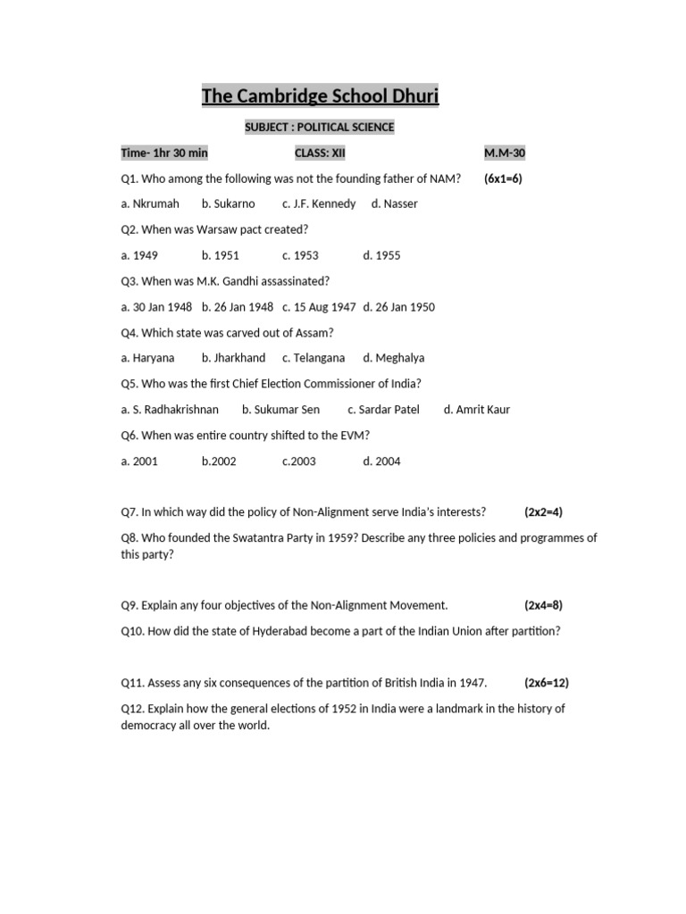 Class XII Political Science Exam Paper | PDF