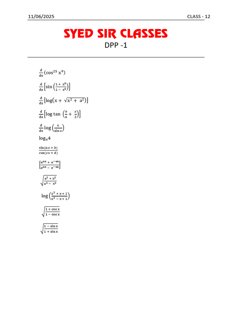 12 Differentiation DPP - 1 | PDF