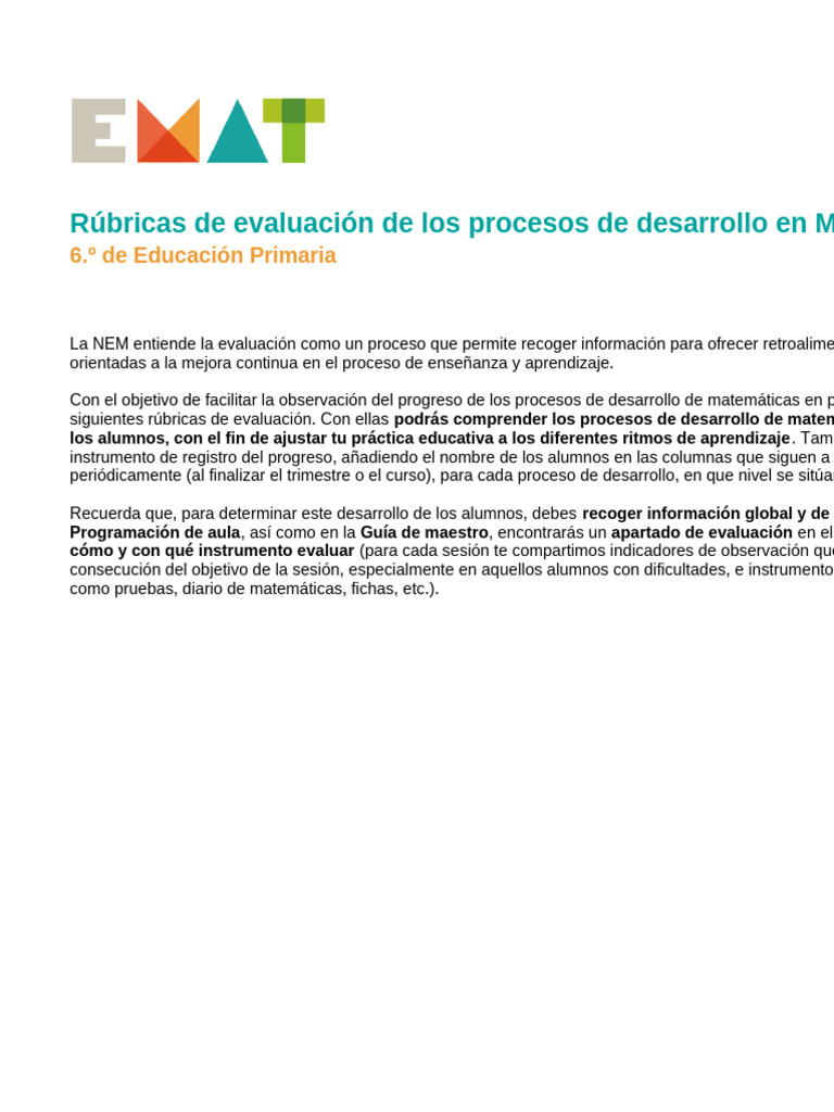 Rúbrica de Evaluación EMAT 6.º Primaria NEM | PDF | Evaluación | Pi