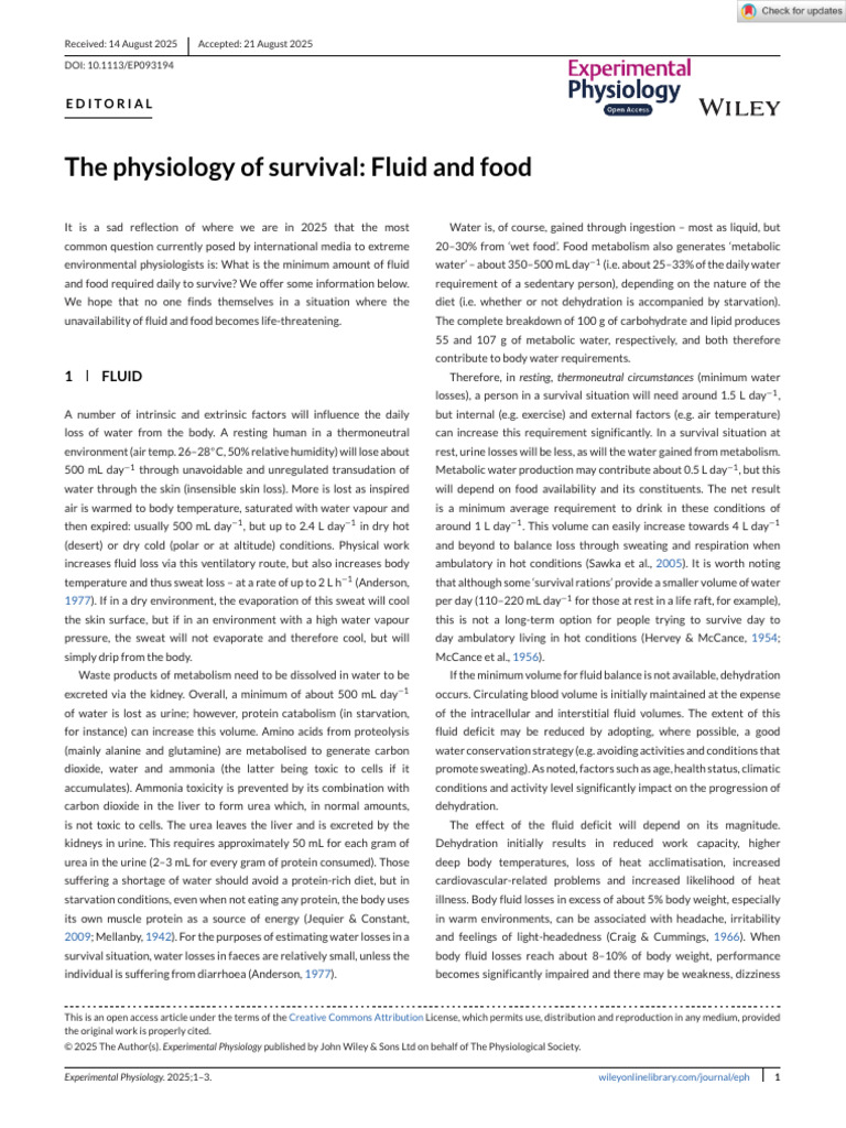 Experimental Physiology - 2025 - Tipton - The Physiology of Survival Fluid and Food | PDF ...