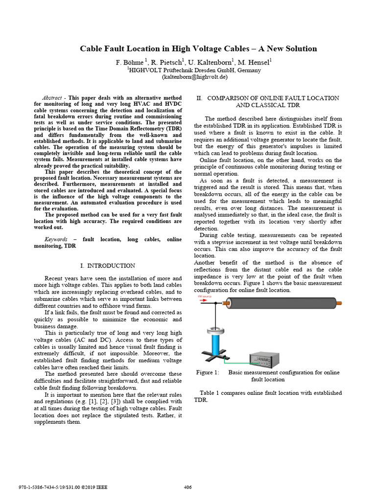 Cable Fault Location in High Voltage Cables A New Solution | PDF ...