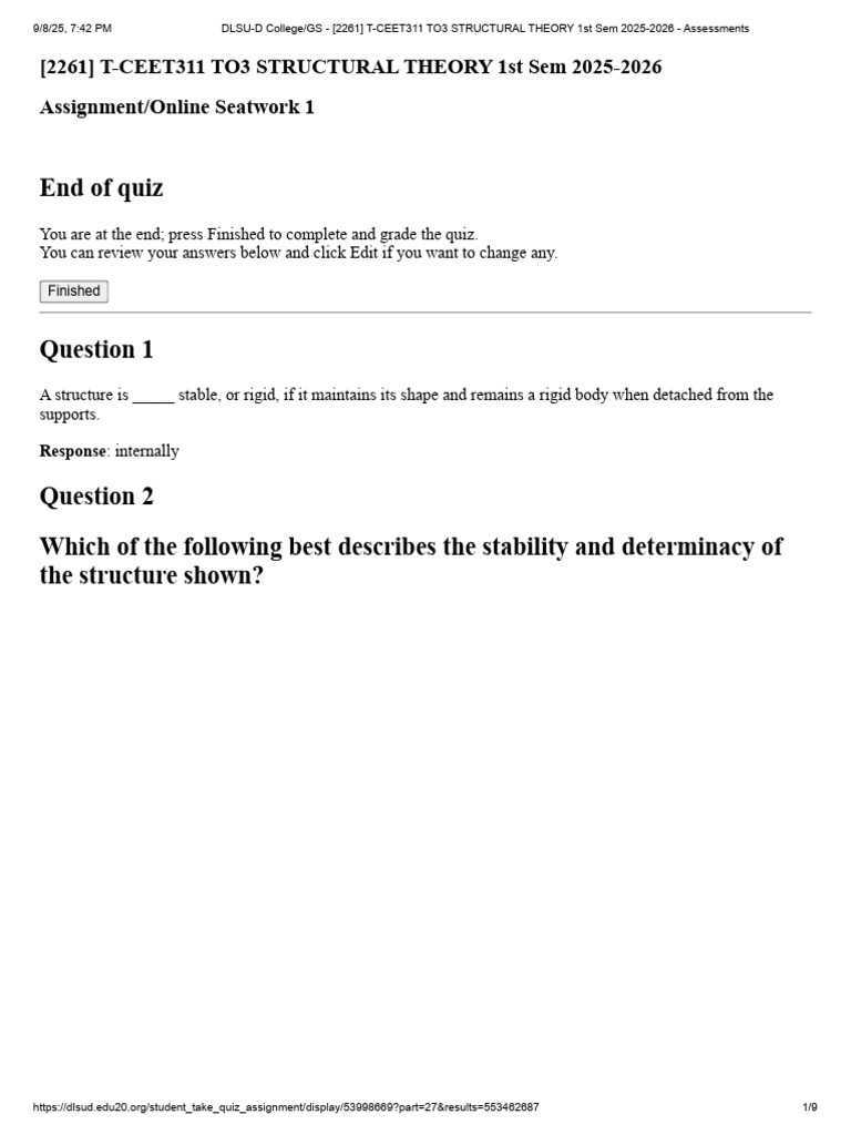 DLSU-D College - GS - (2261) T-CEET311 TO3 STRUCTURAL THEORY 1st Sem 2025-2026 - Submissions 2 ...