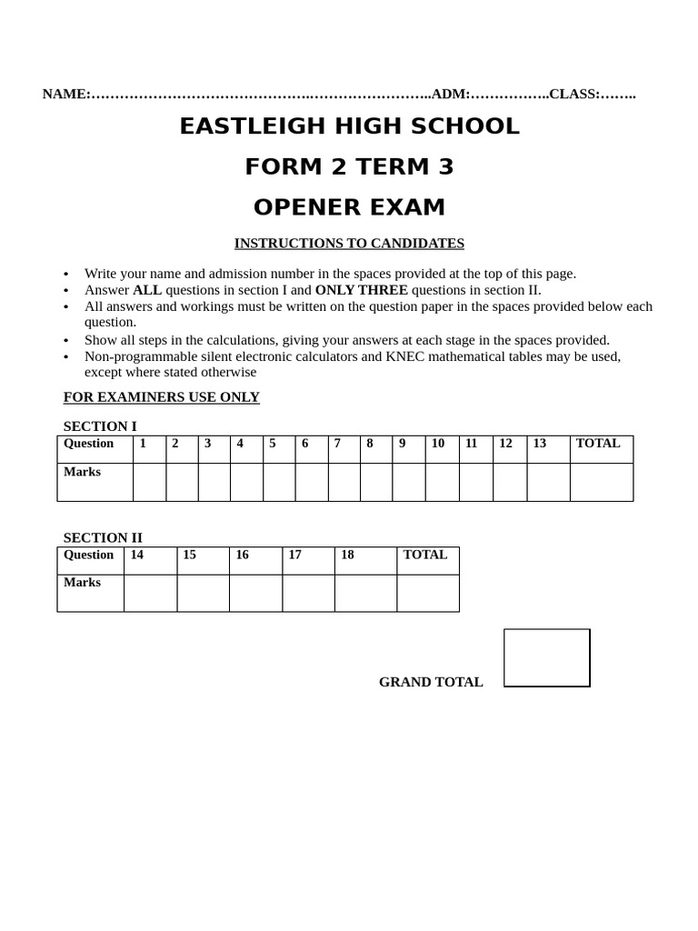 Eastleigh High School Form 2 Exam Guide | PDF | Circle | Area