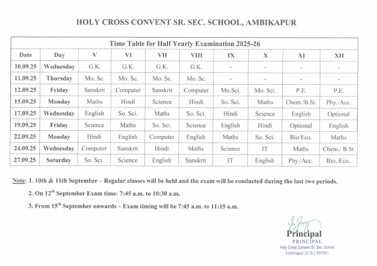 Half Yearly Time Table | PDF