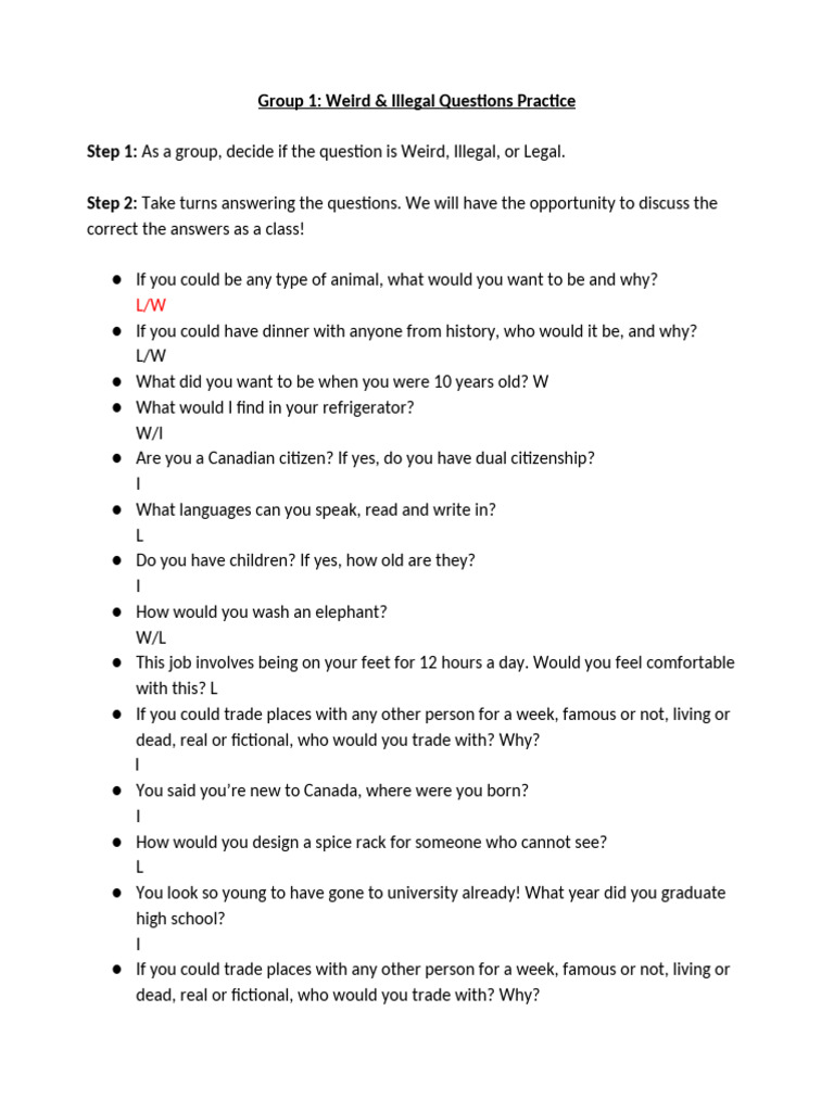 Weird Illegal Questions Practice (Group Activity) | PDF