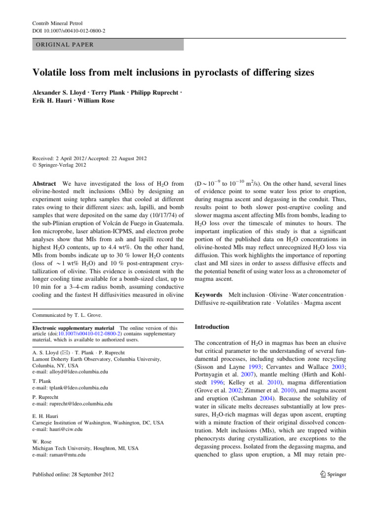 Lloyd Et Al 2012 | PDF | Magma | Volcanic Ash