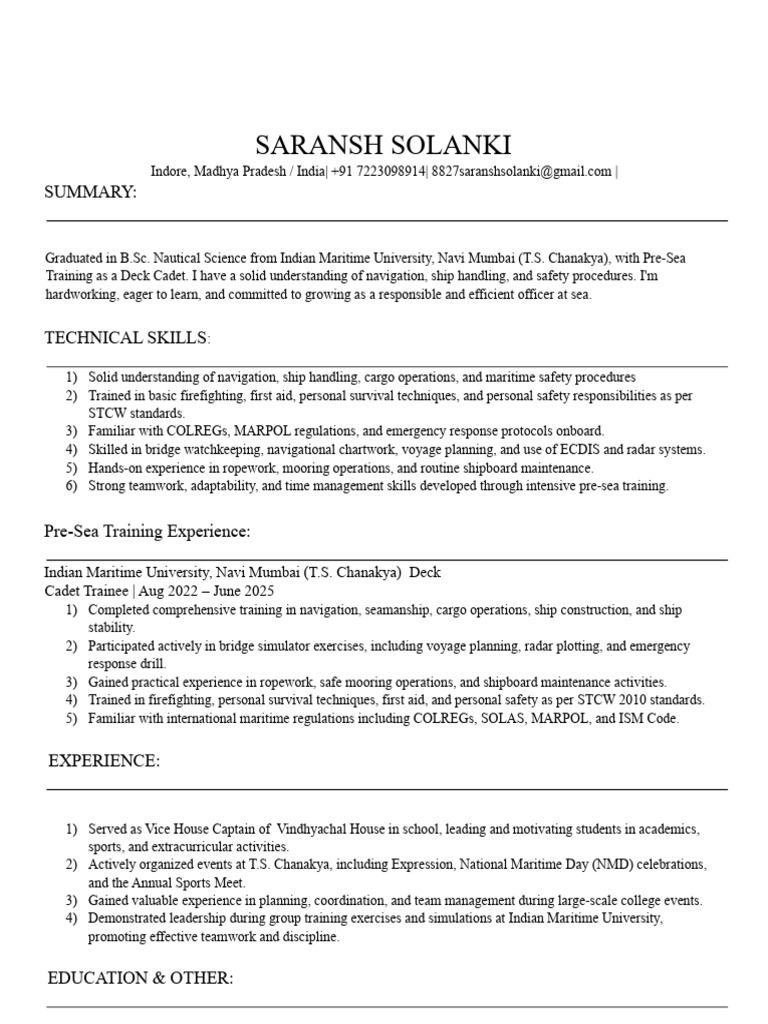 SARANSH DECK CADET35363y | PDF | Water Transport | Shipping