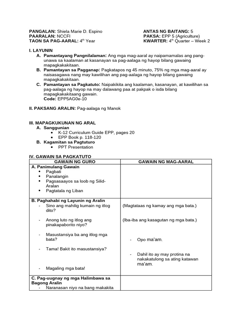 MELC-Based Lesson Plan in TLE 5 (Pag-Aalaga NG Mga Manok) | PDF