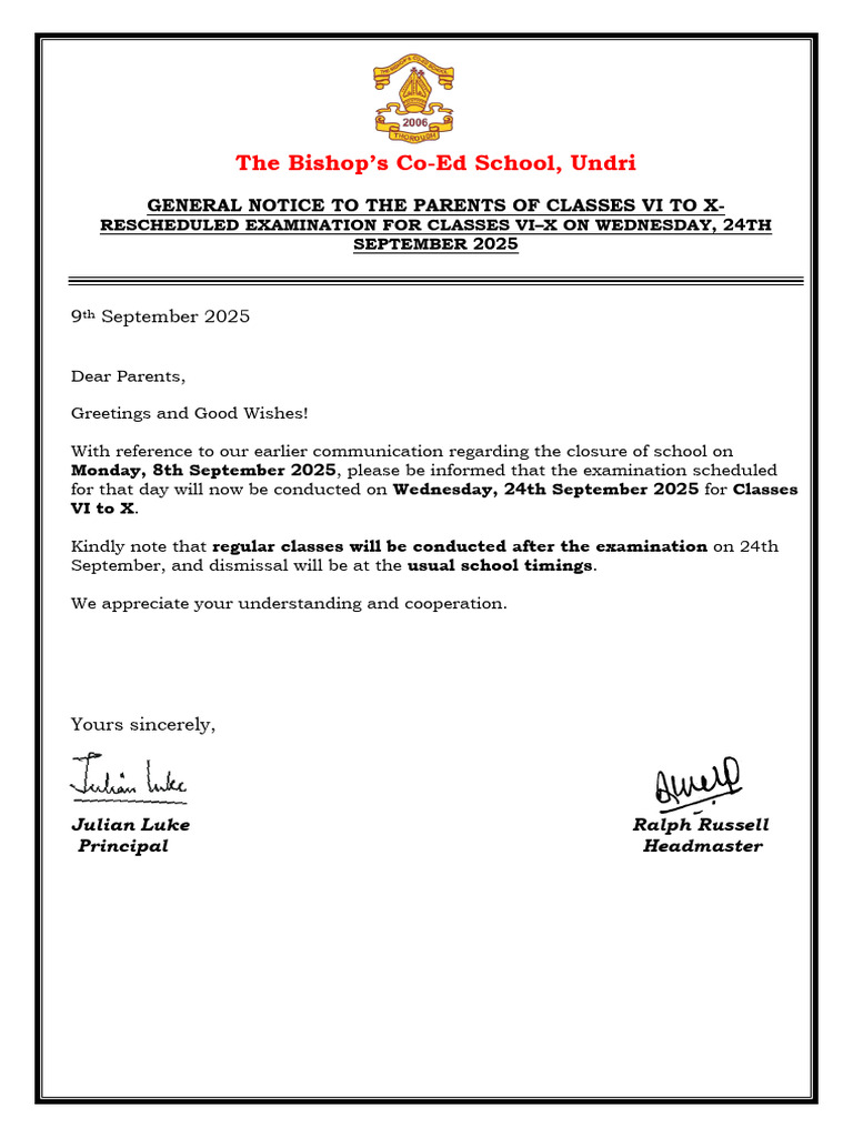 Rescheduled Exams for Classes VI-X | PDF
