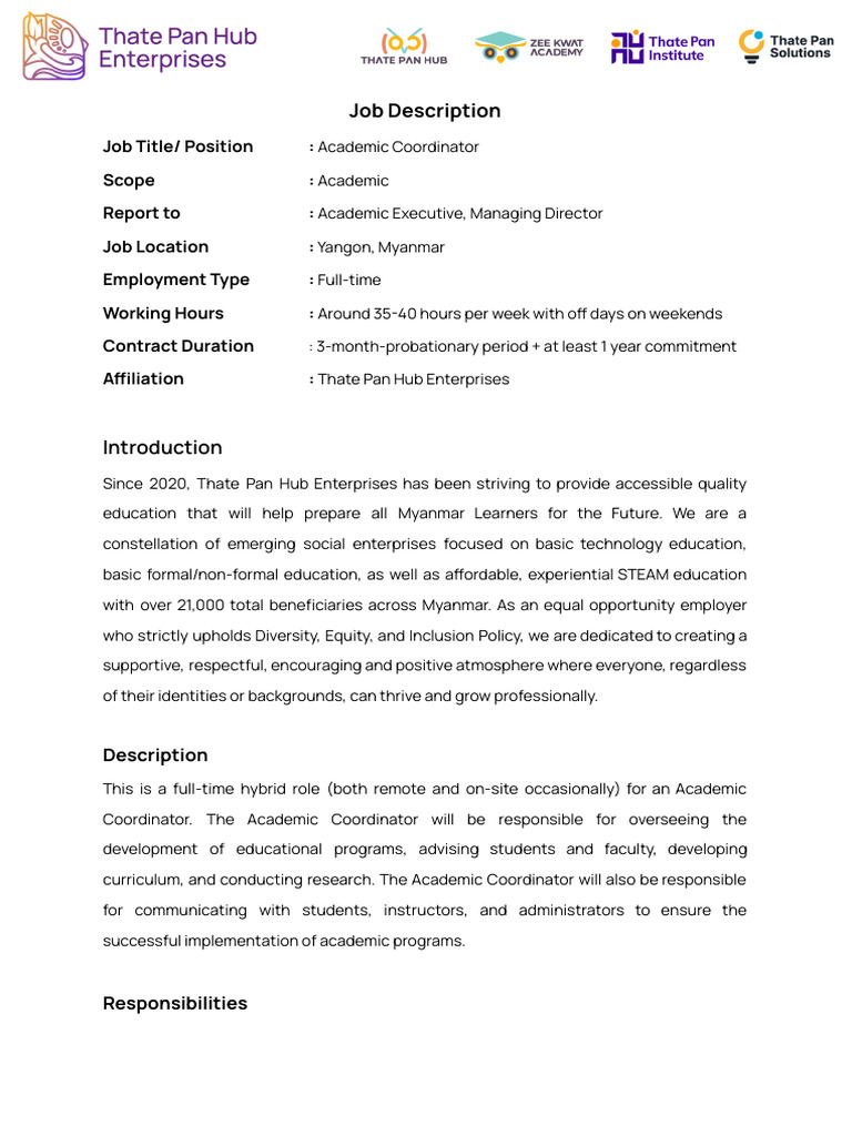 Academic Coordinator Position at Thate Pan Hub | PDF | Educational ...